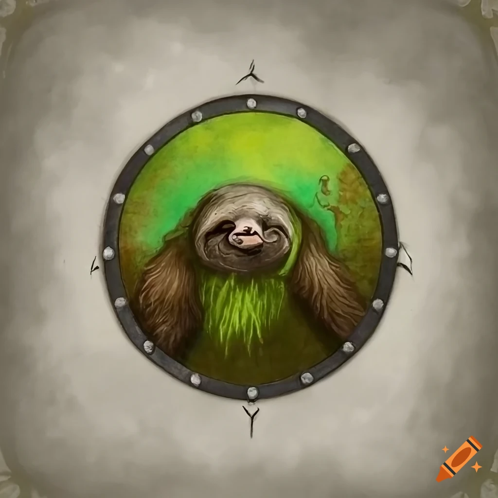 Waterpaint of a medieval shield with a sloth emblem