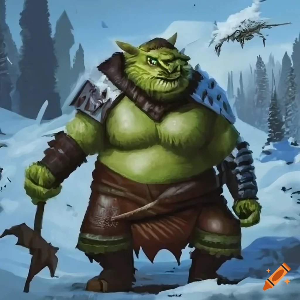 Illustration of a furry bugbear viking in snowy taiga