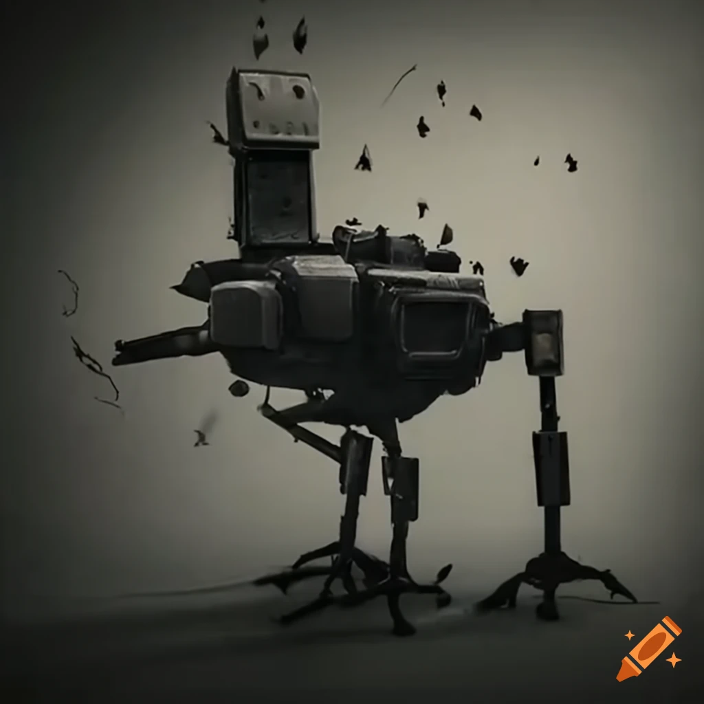 Artistic depiction of robotic birds in a dark setting