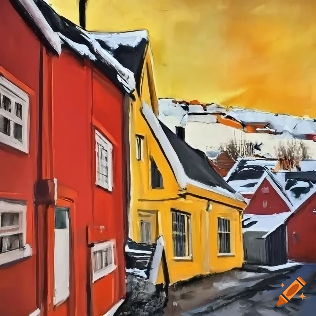 A red and yellow townscape painting in a stormy winter on Craiyon