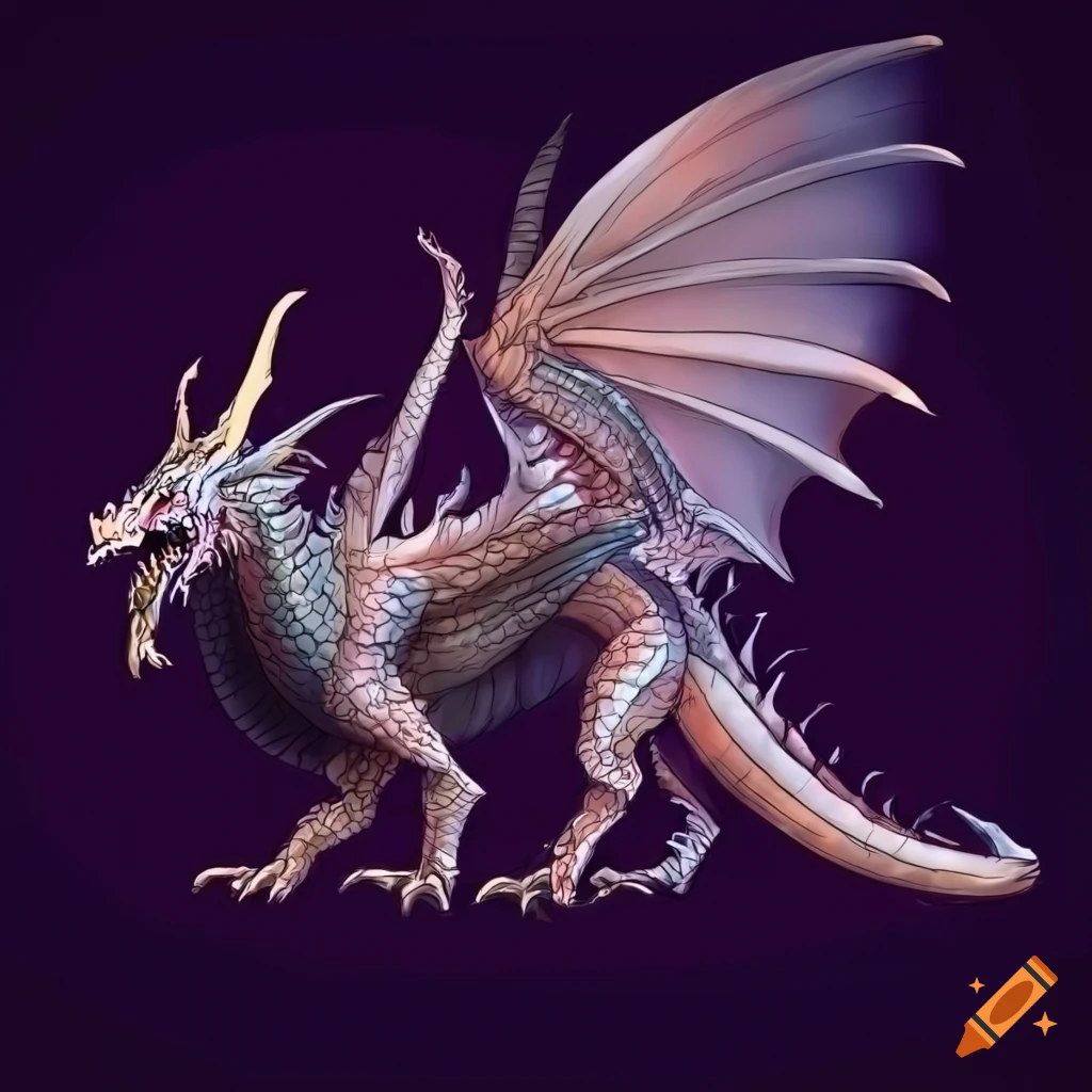 Detailed side view illustration of a dragon with wings on Craiyon