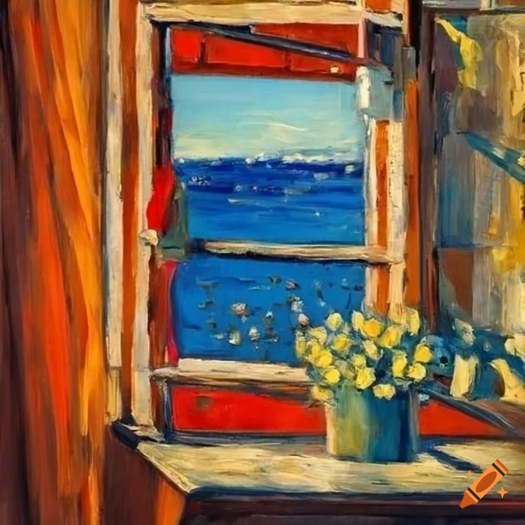 Oil painting of a window overlooking a seaside town on Craiyon