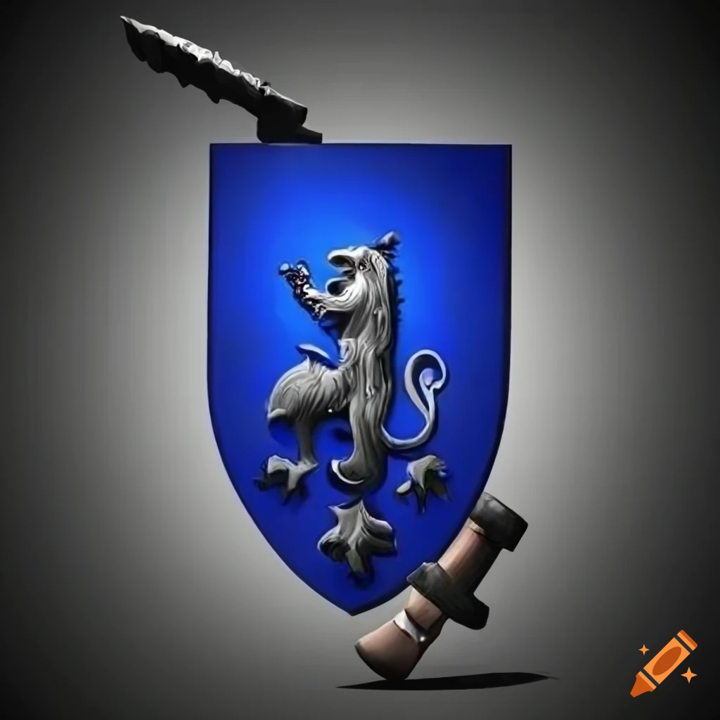 Coat of arms with bricks, hammer, and three rivers on Craiyon