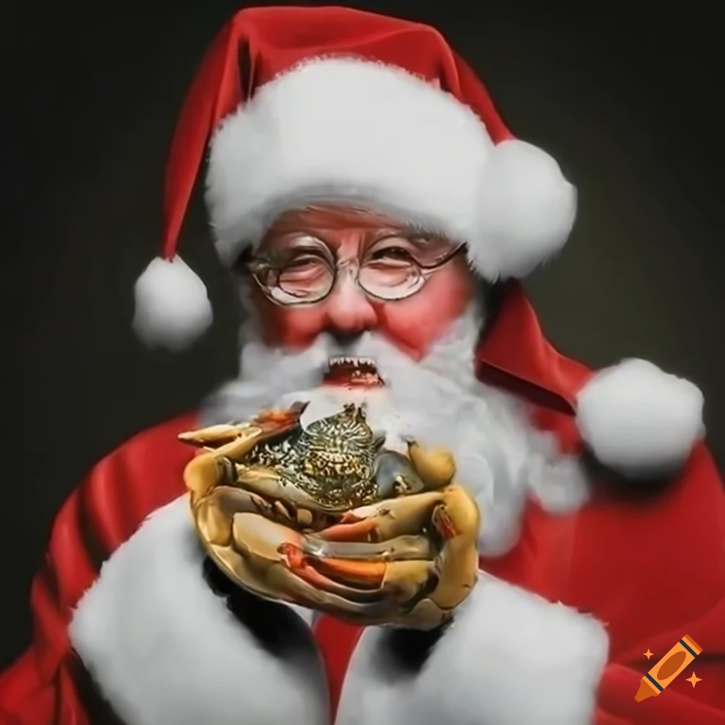 Hyperrealistic portrait of Santa eating Maryland crabs on Craiyon