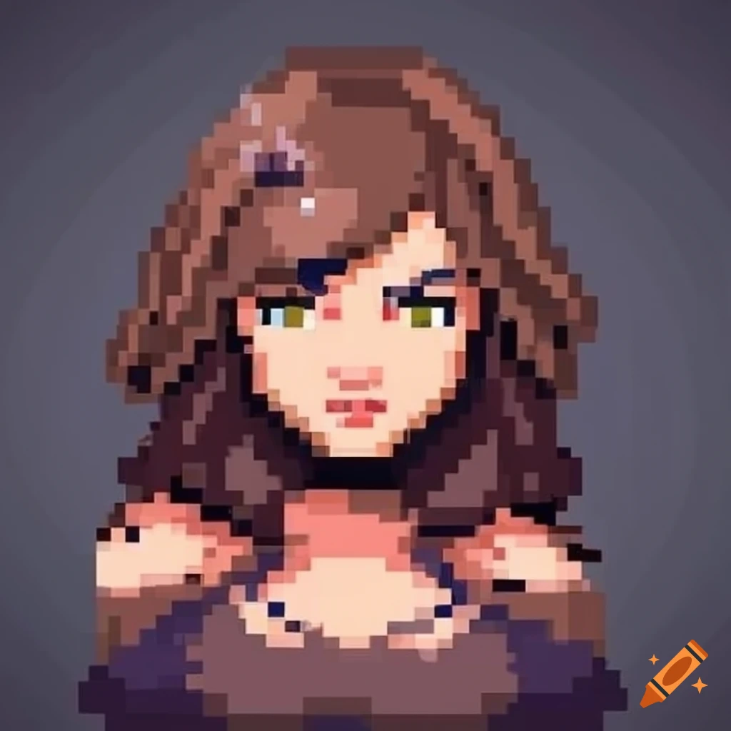 Pixel art of a stylish video game girl with wavy brown hair on Craiyon