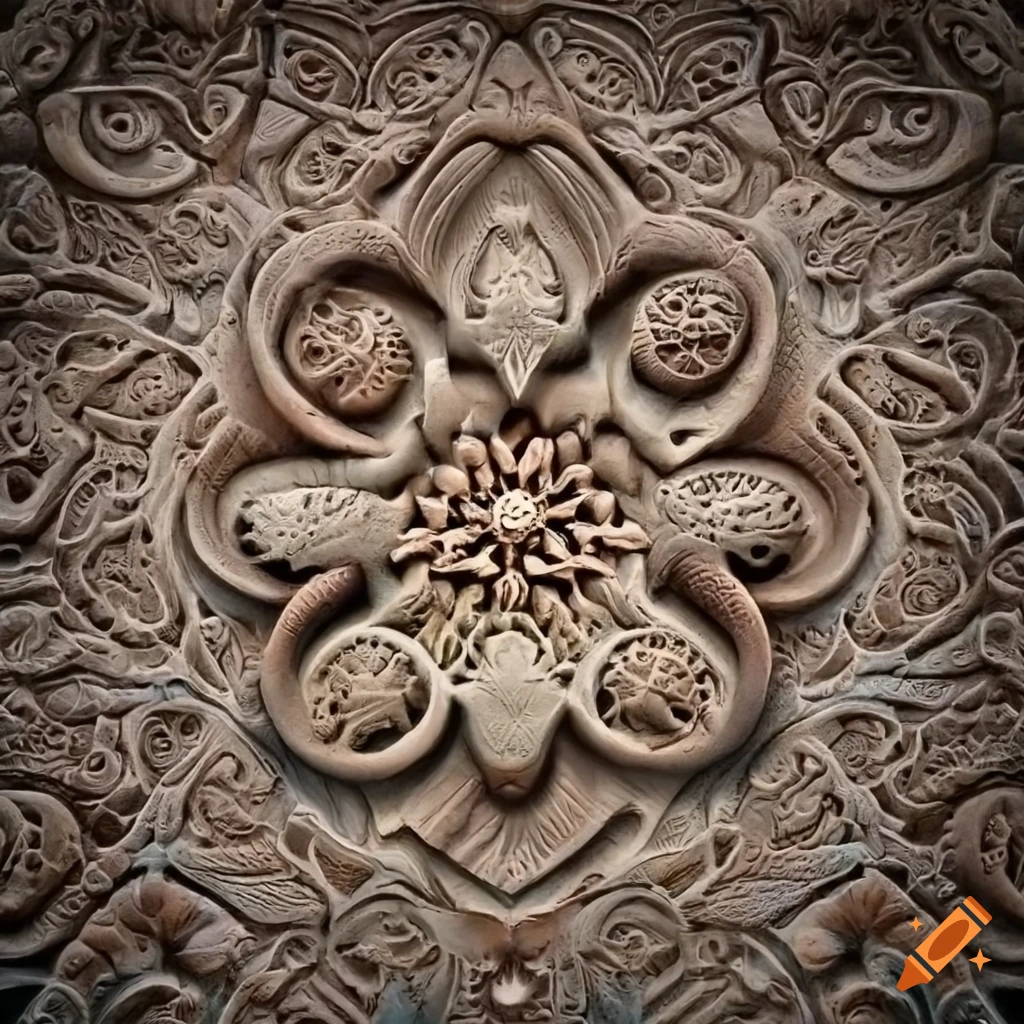 Intricate stone relief with hidden face on Craiyon