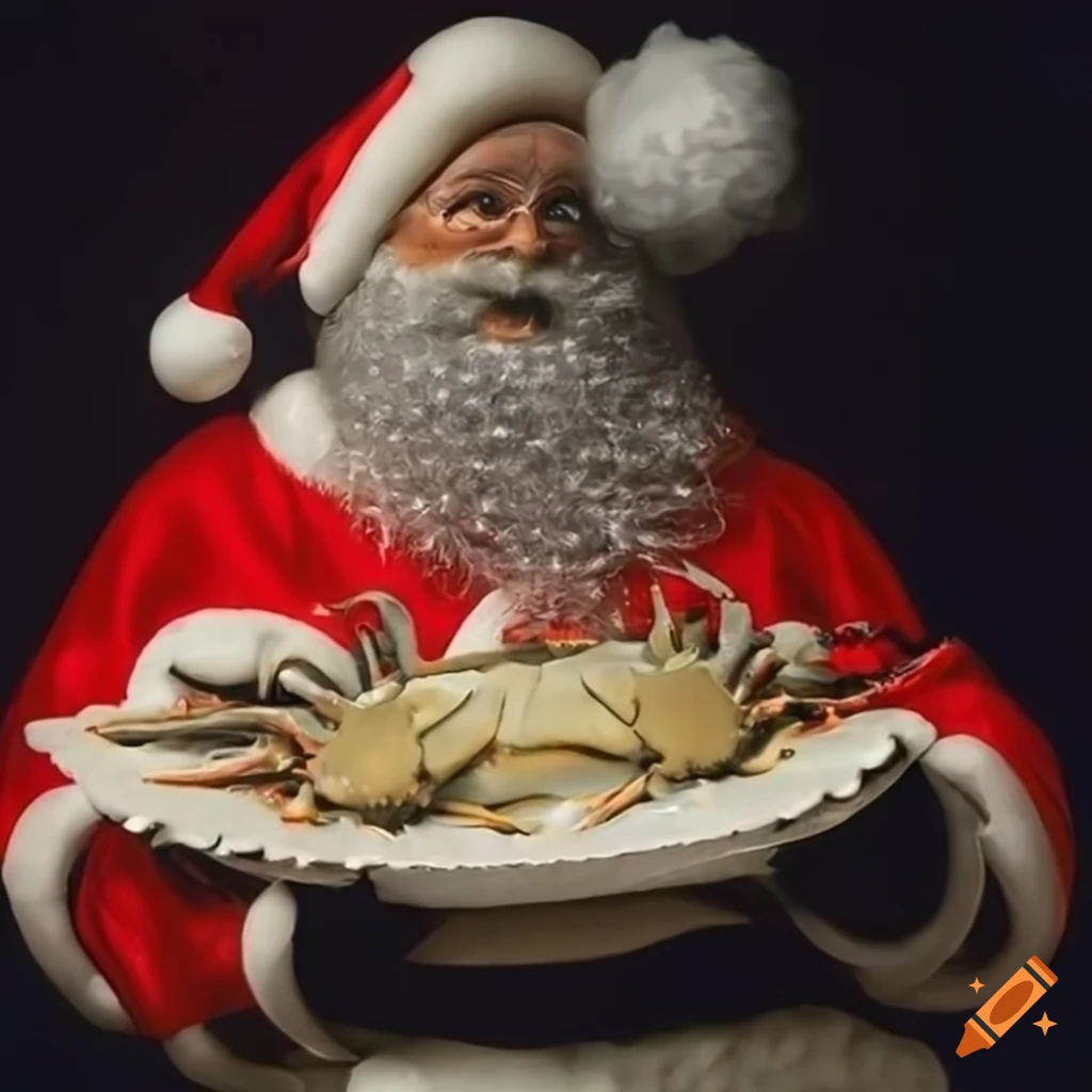 Hyperrealistic art of Santa with a platter of crabs on Craiyon