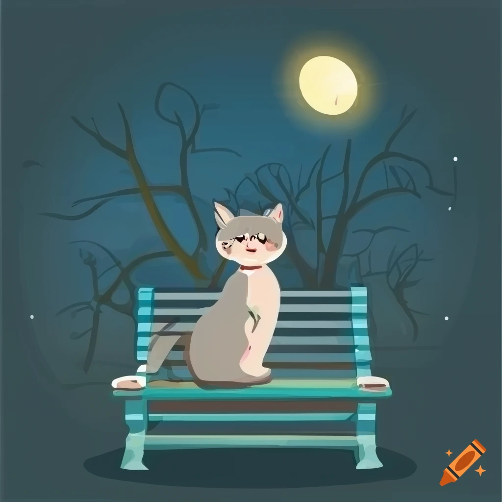 Vector art of a cat sitting on a park bench at night on Craiyon