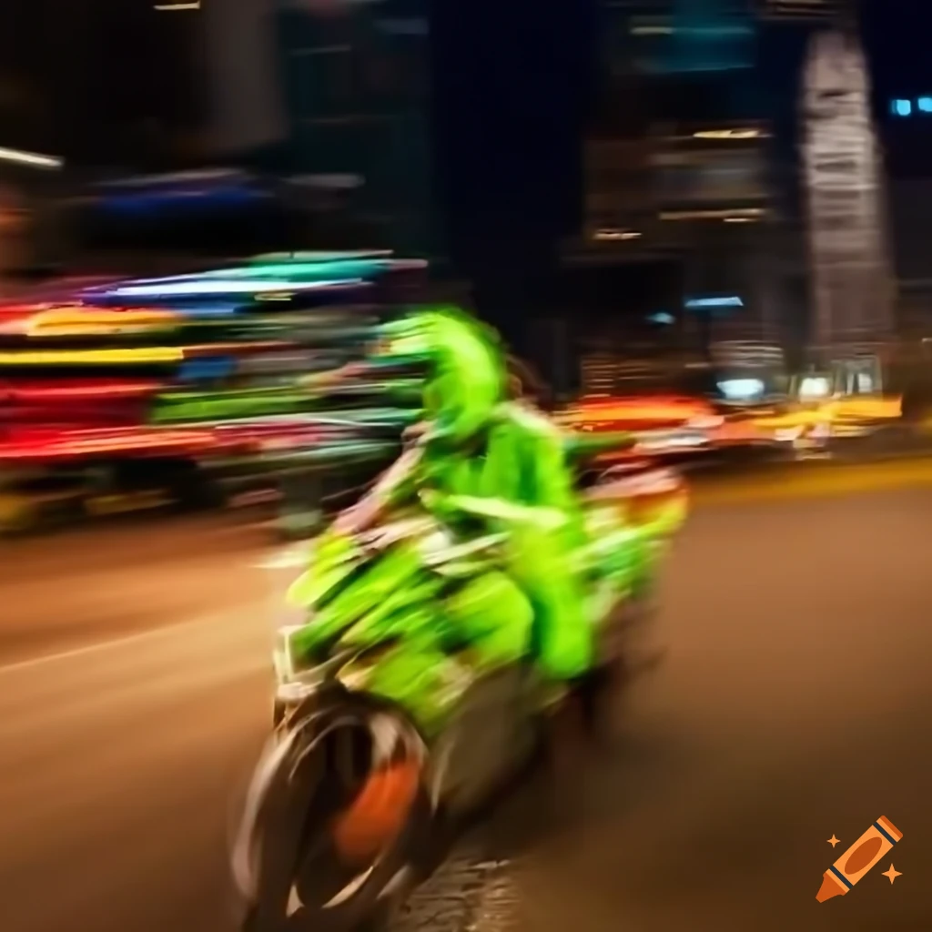 Nighttime view of a speeding motorcycle in the city on Craiyon