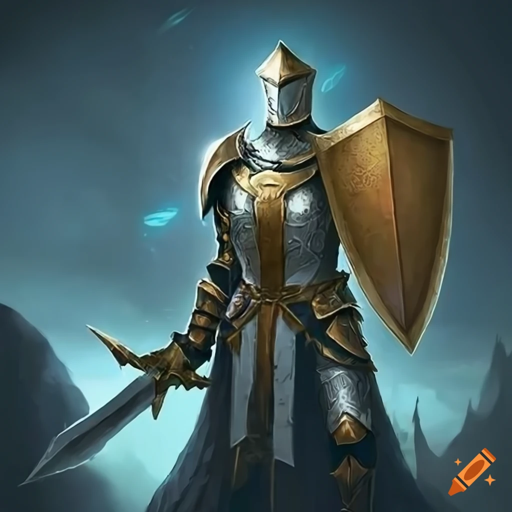 Heroic paladin in mythic armor with sword and shield on Craiyon