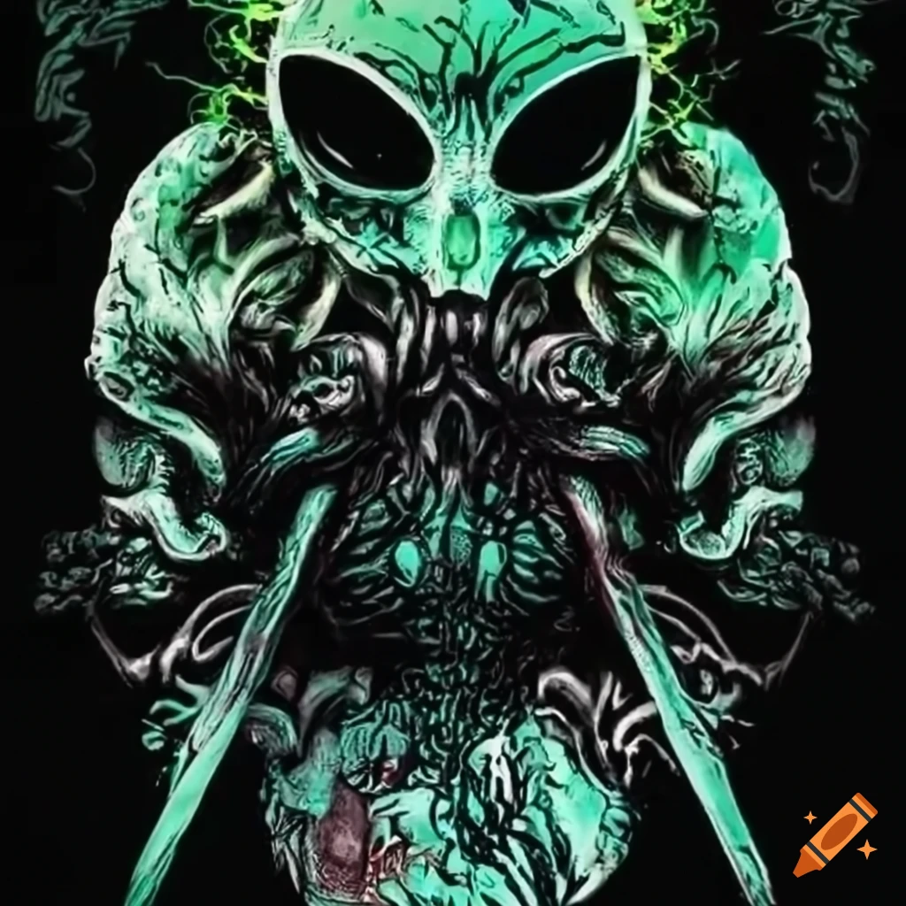 Psychedelic heavy metal logo design with levitating alien