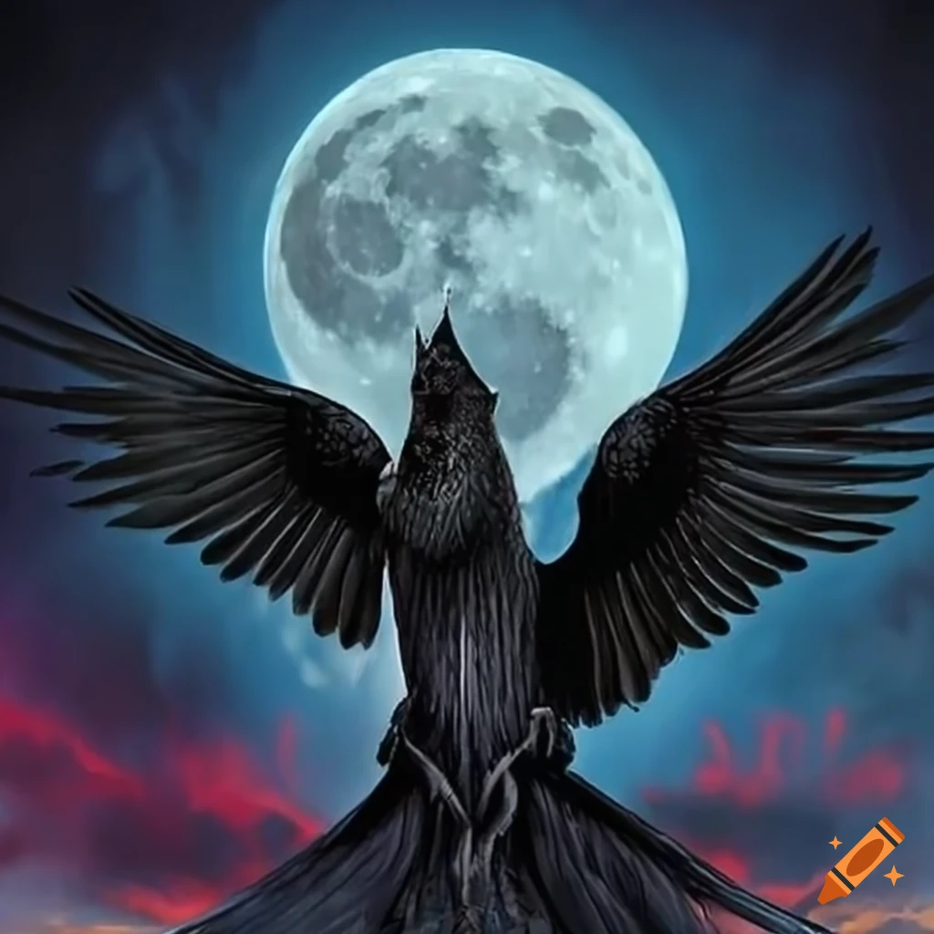 Black raven in front of a full moon