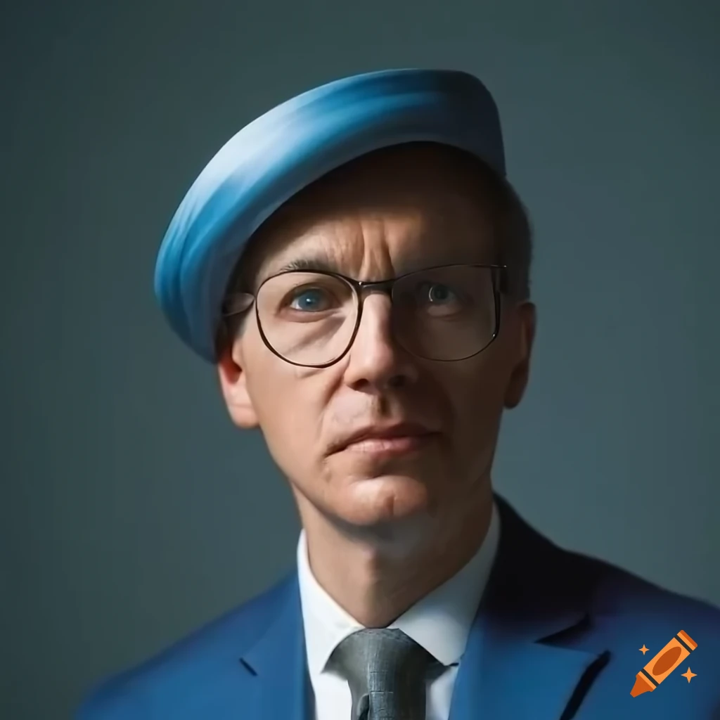 Stylish man in blue suit with small hat on Craiyon