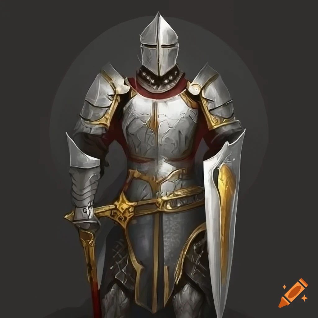 Fantasy paladin in full armor with sword and shield