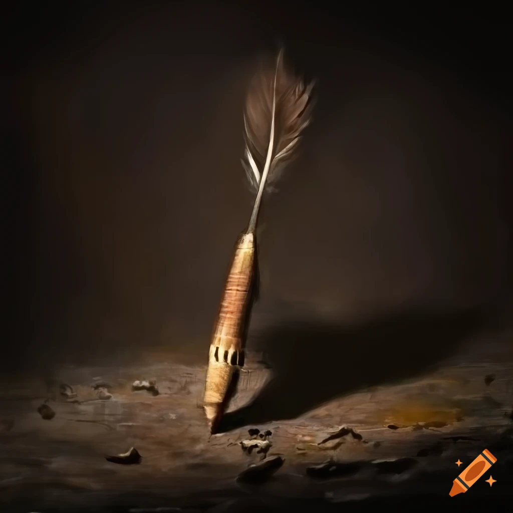Oil painting of ancient wooden darts on stone ground