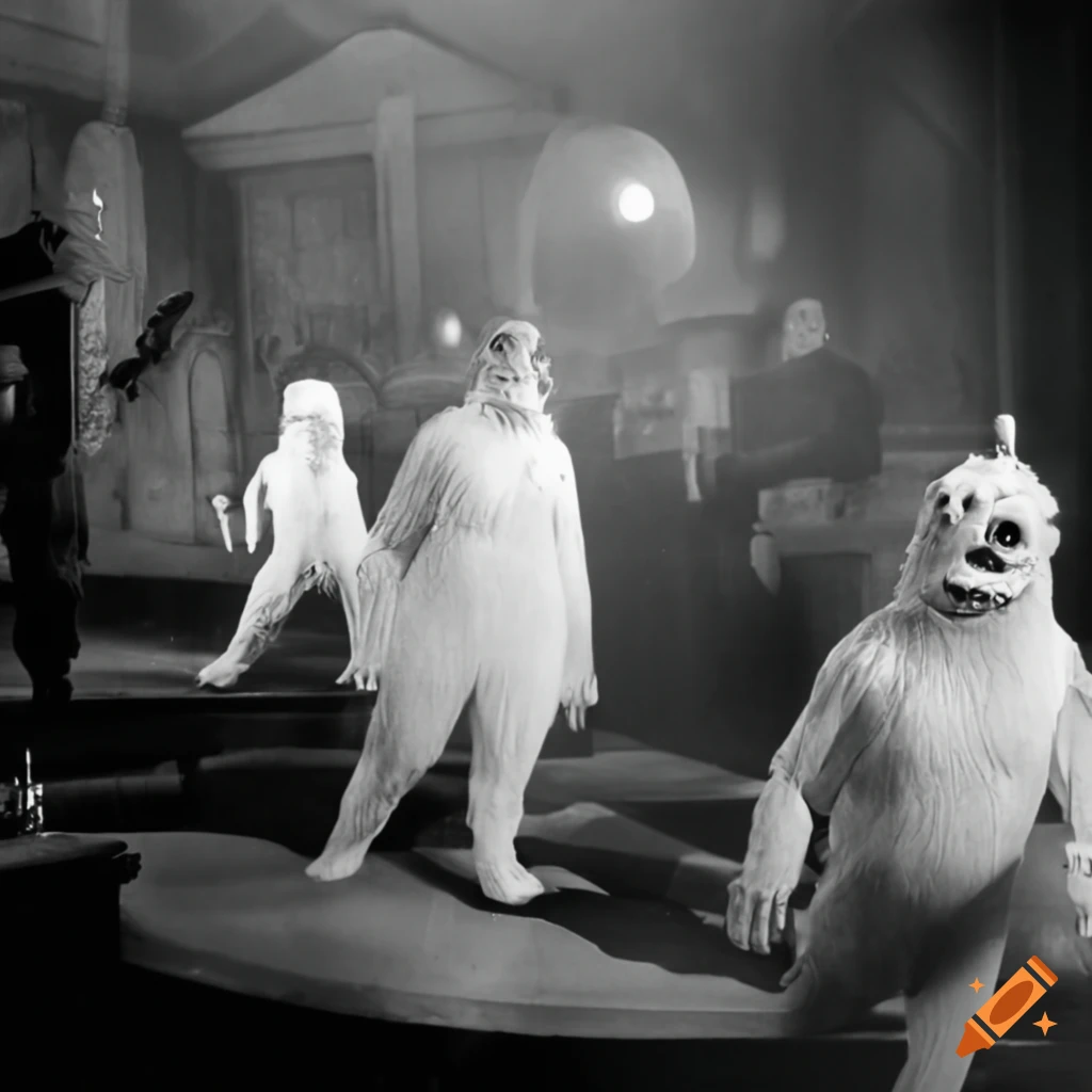 Black and white scene of menacing white yeti from 1960s doctor who on ...