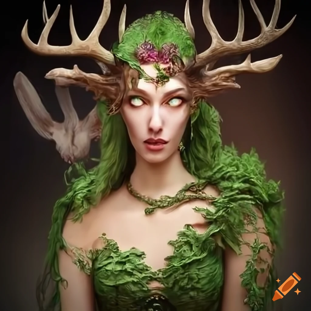 Artistic depiction of a mythical nymph with antlers on Craiyon