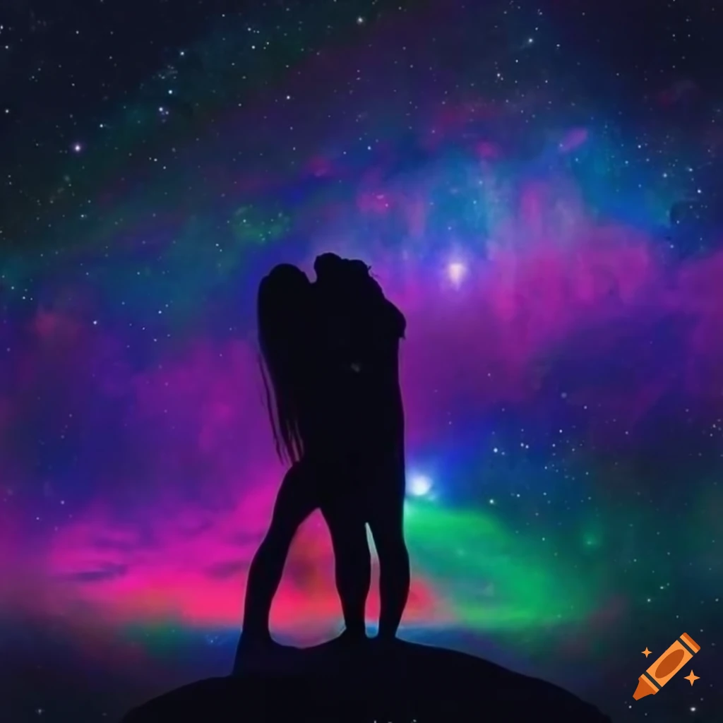Psychedelic galaxy colors and a couple kissing on Craiyon