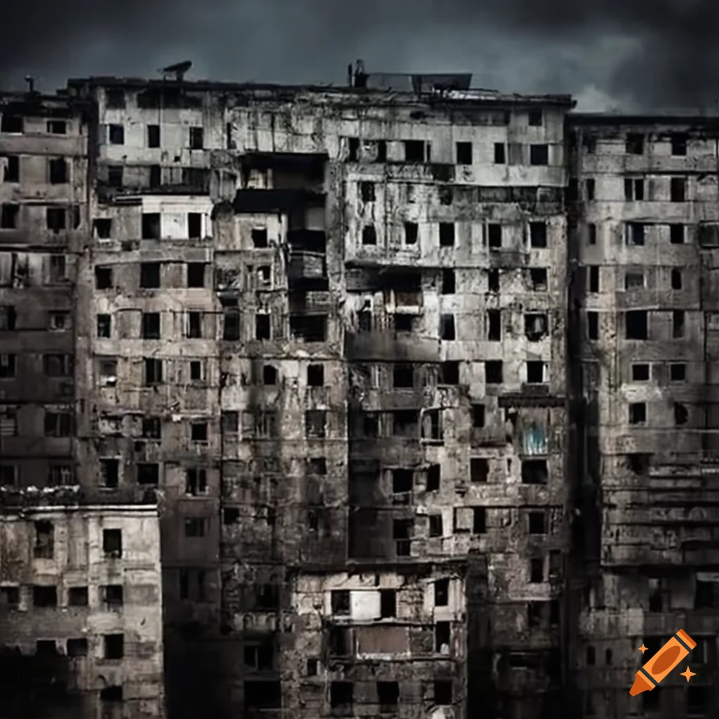 Brutalist concrete megastructure with hospital facade in an abandoned ...