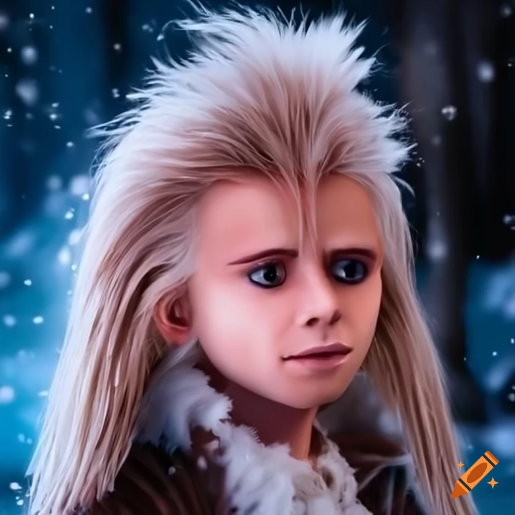 Jereth from labyrinth playing in the snow on Craiyon