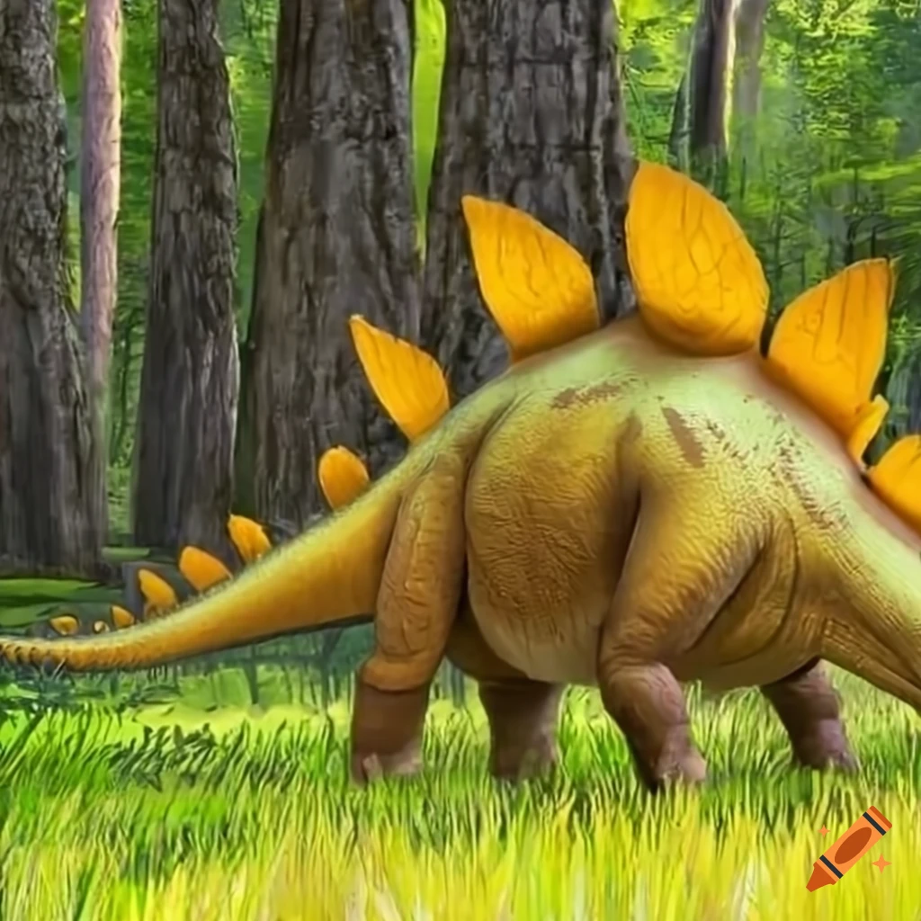 Illustration of a yellow stegosaurus in a sunny swamp forest on Craiyon