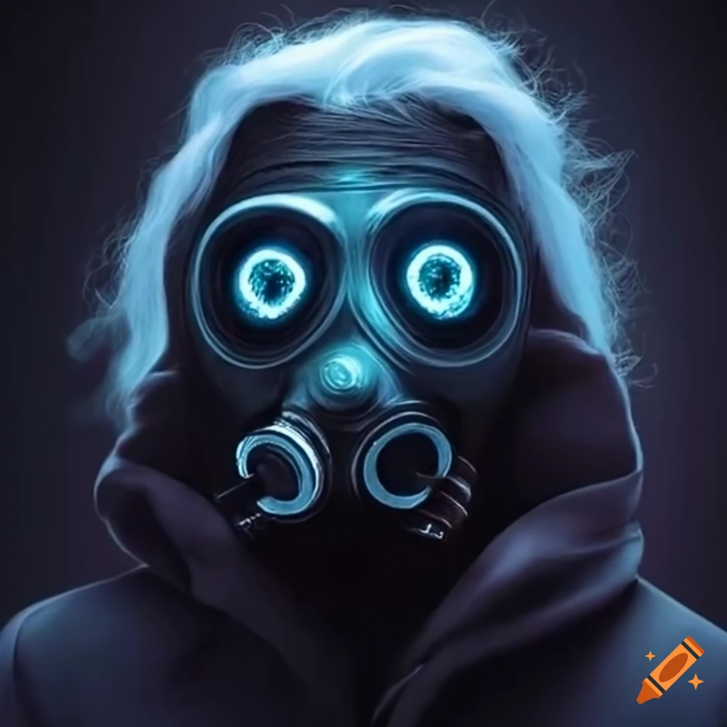 Artistic depiction of a futuristic woman with glowing gas mask on Craiyon