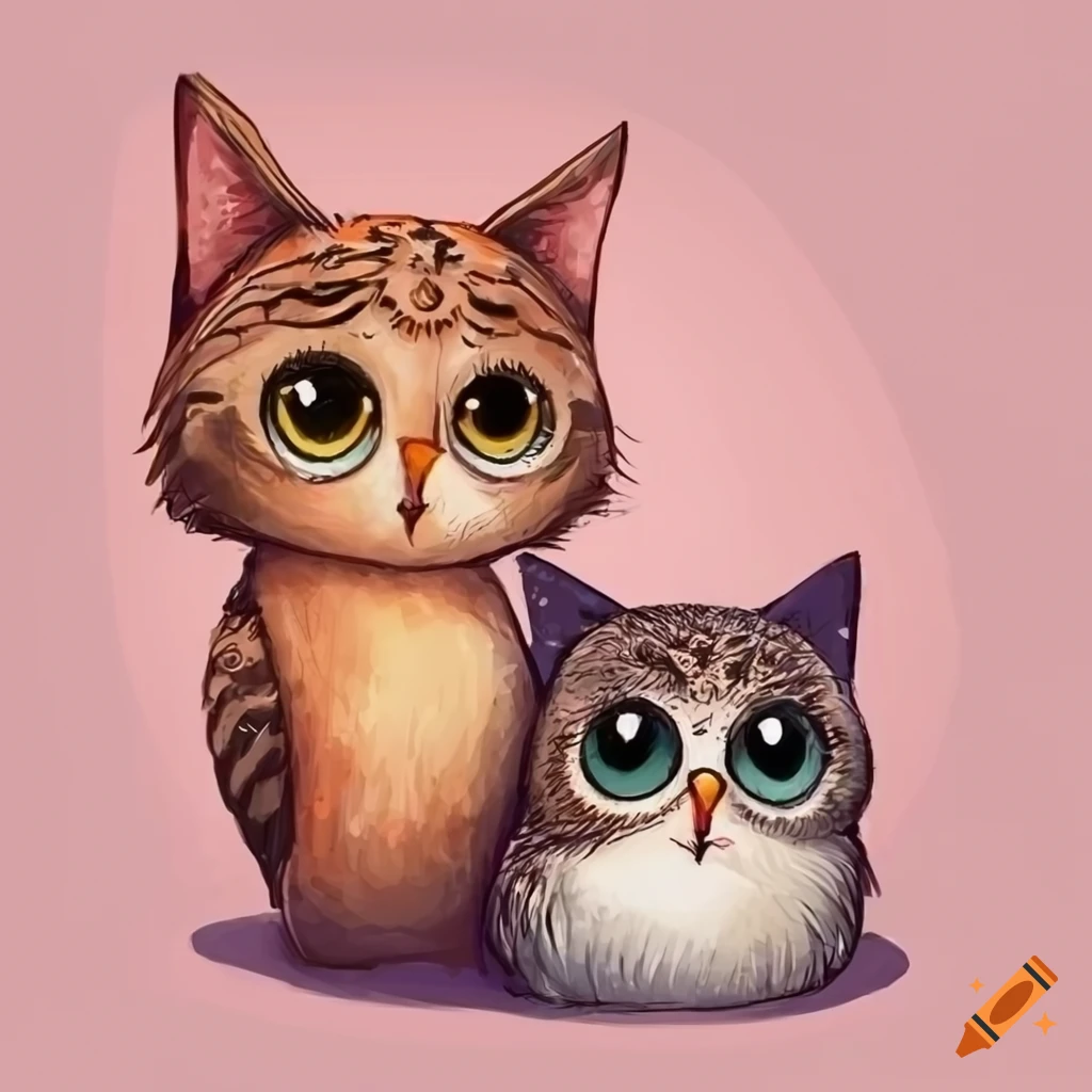 Illustration of a cat and an owl cuddling on Craiyon