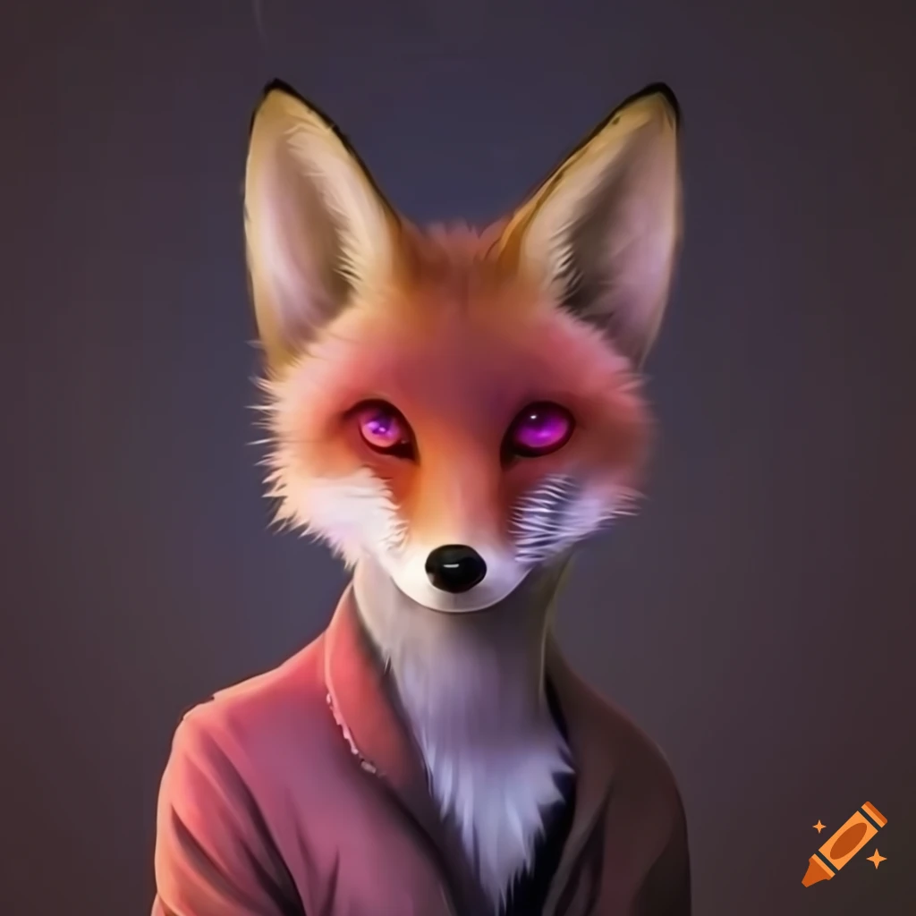 Hyper-realistic anthropomorphic fox with pink glowing eyes on Craiyon