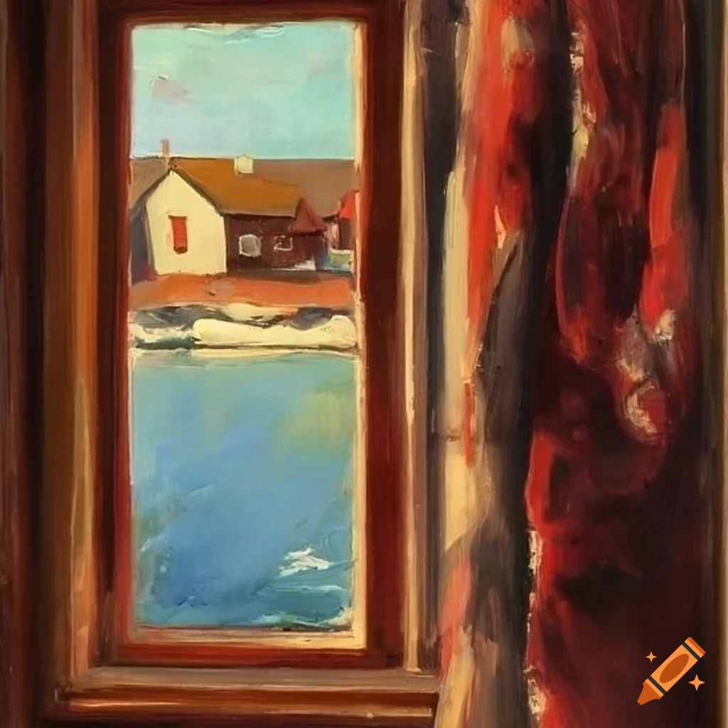 Oil painting of a window with flowers and a seaside village on Craiyon
