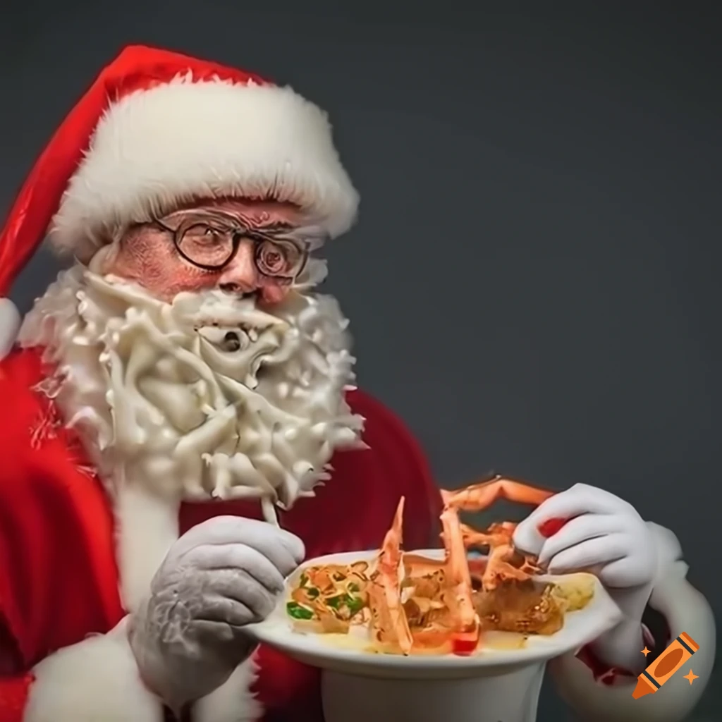 Photo of Santa enjoying a decadent Alaskan king crab feast on Craiyon
