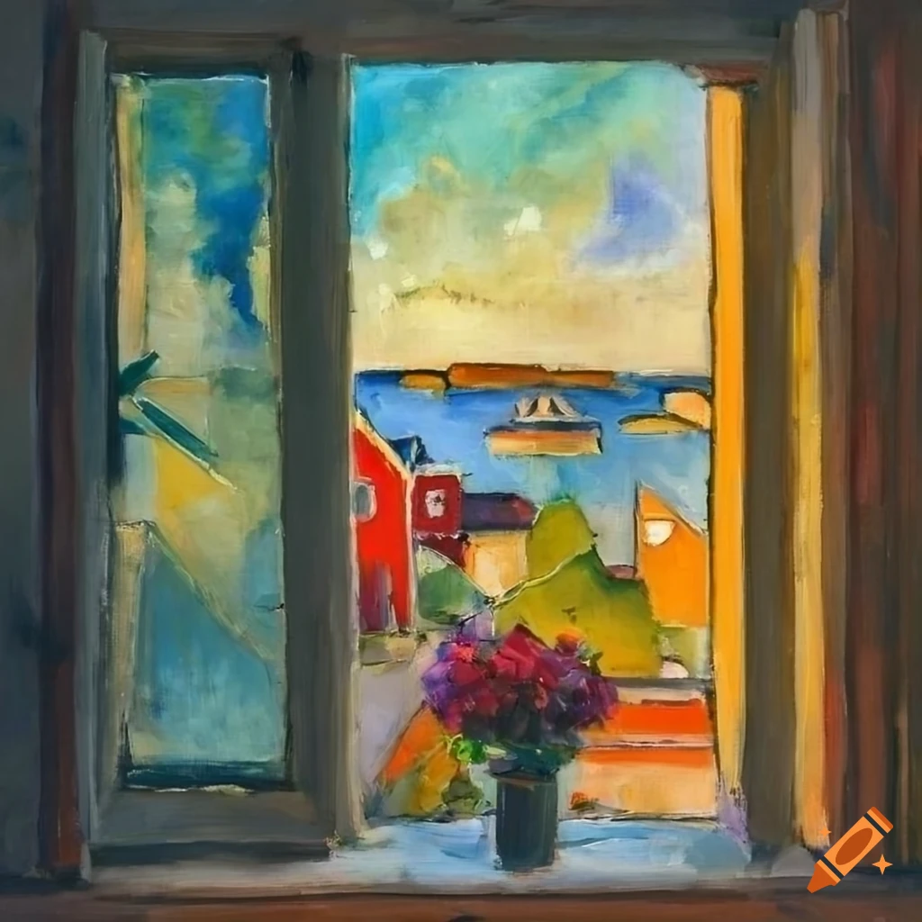 View through a window with flowers and a seaside town on Craiyon