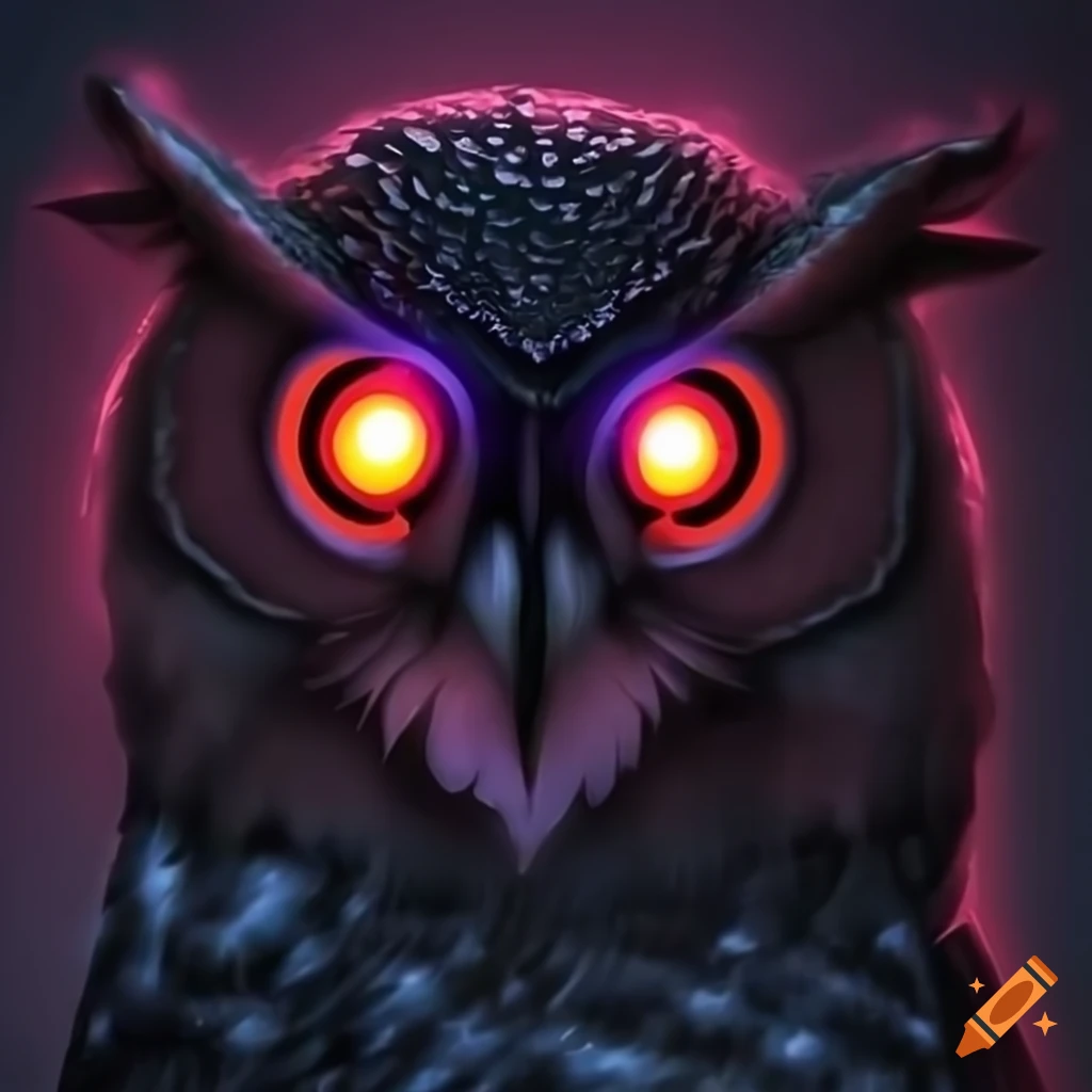 Close-up of an owl with piercing glowing eyes