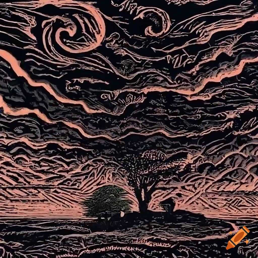 Linocut illustration of a surreal landscape at sunrise on Craiyon