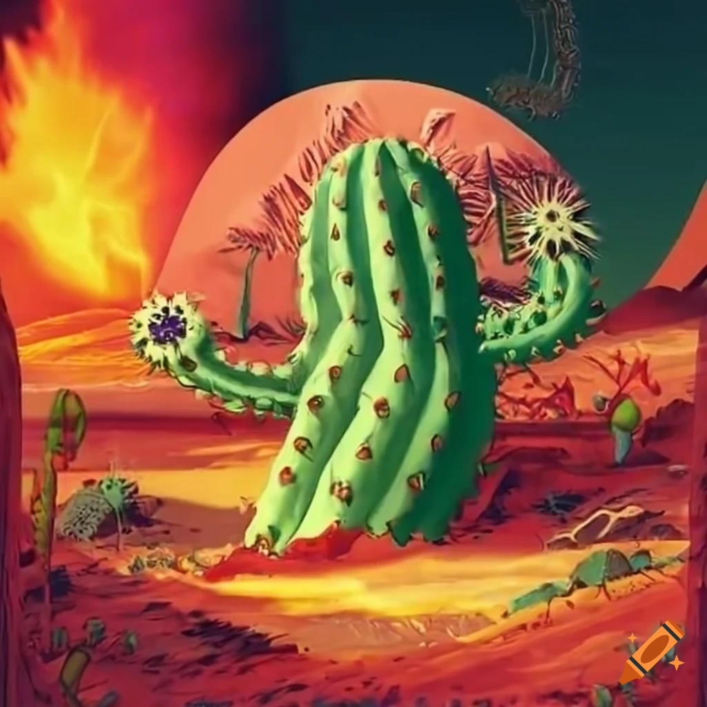 Anthropomorphic cactus running with flames in desert on Craiyon