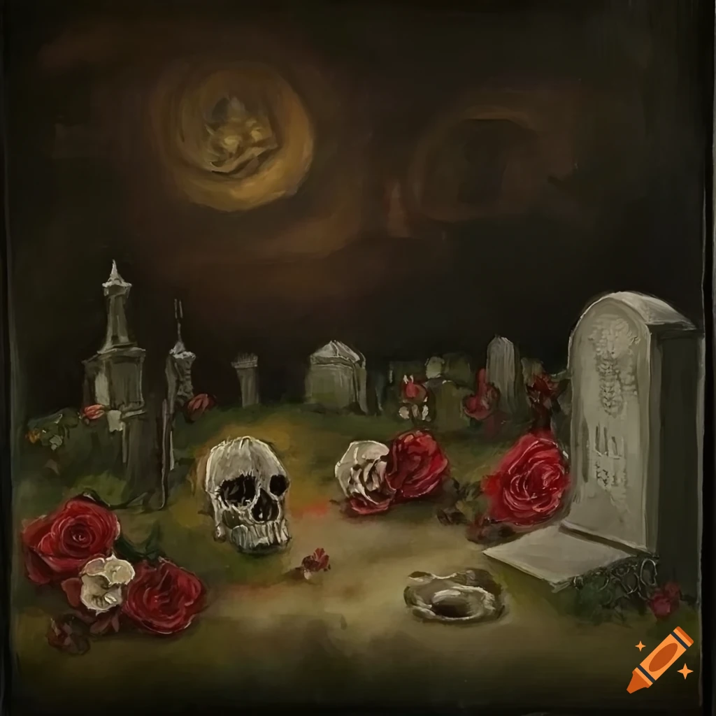 Oil painting of a cemetery with roses and skulls on Craiyon