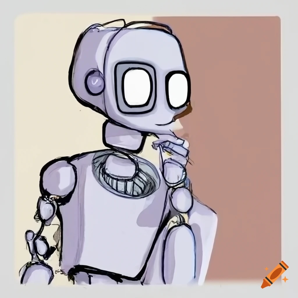 Copper and brass robot with a contemplative expression