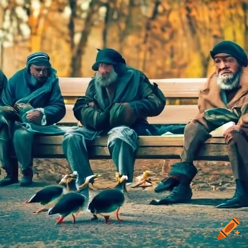 Homeless men feeding ducks in the park