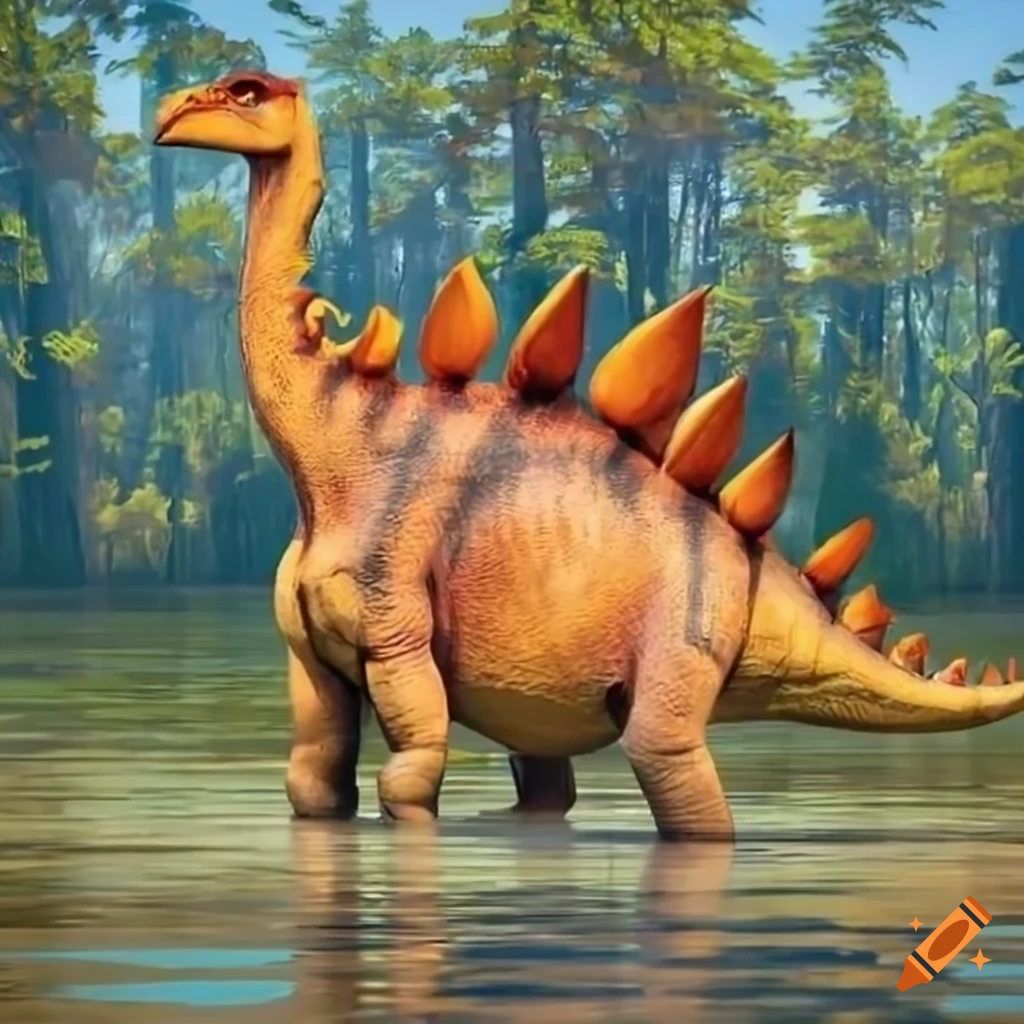 Image of a large orange stegosaurus in a sunny swamp forest on Craiyon