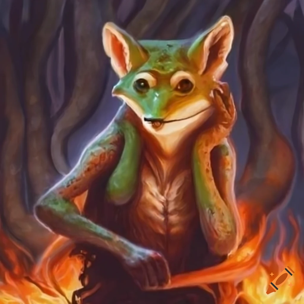 Artwork of a fox-frog hybrid spitting flames