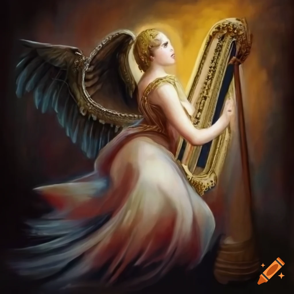 Gothic painting of an angel harpist in heaven on Craiyon
