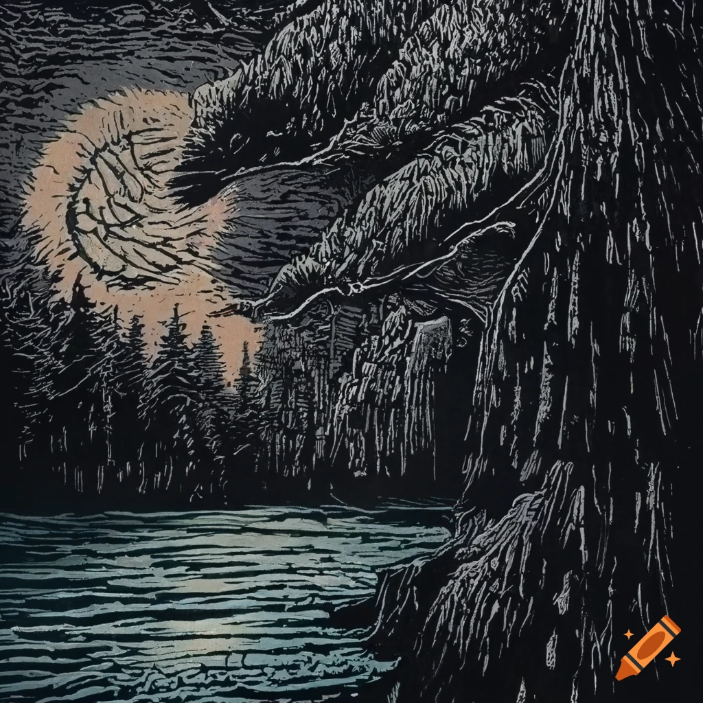 Night scene of lake michigan in winter with oil linocut style on Craiyon