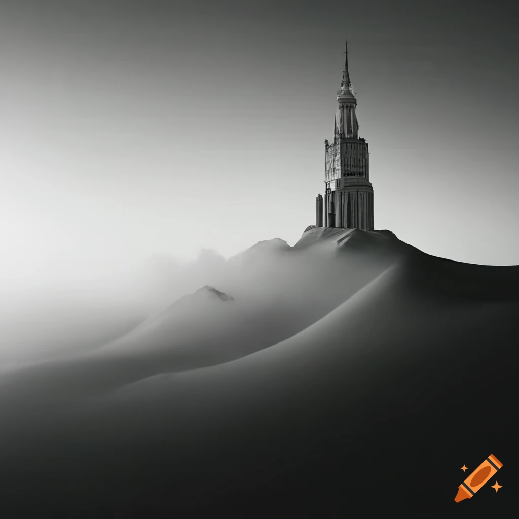 Black and white photograph of a soviet state building in a desert