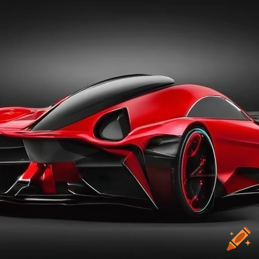 Red futuristic hypercar with black rims on Craiyon