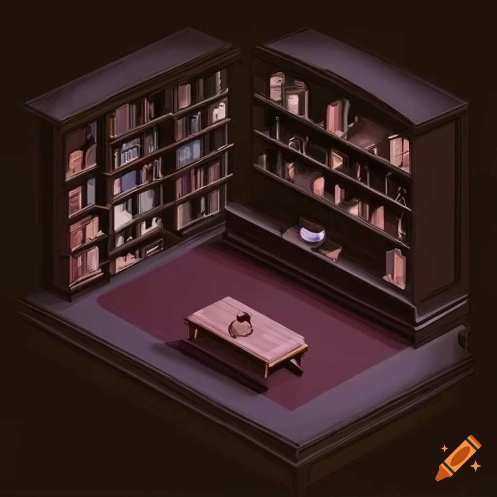 Isometric view of a gothic study room with bookshelves on Craiyon