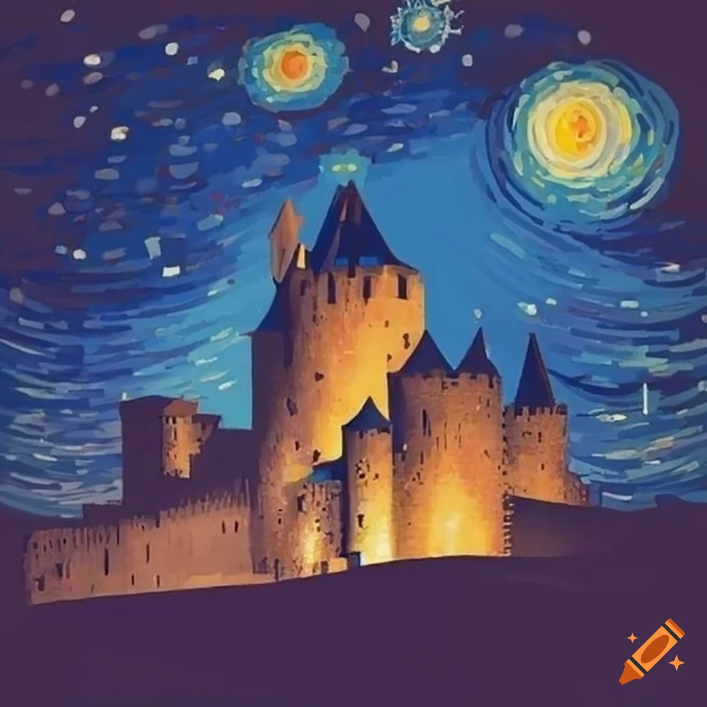 Carcassone castle depicted in starry night style on Craiyon