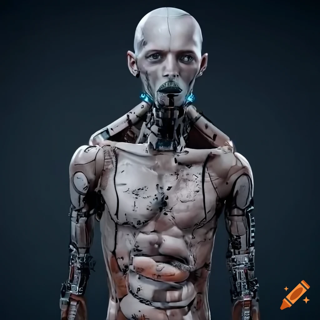 Hyperrealistic image of a skinny male cyborg in a damaged suit on Craiyon