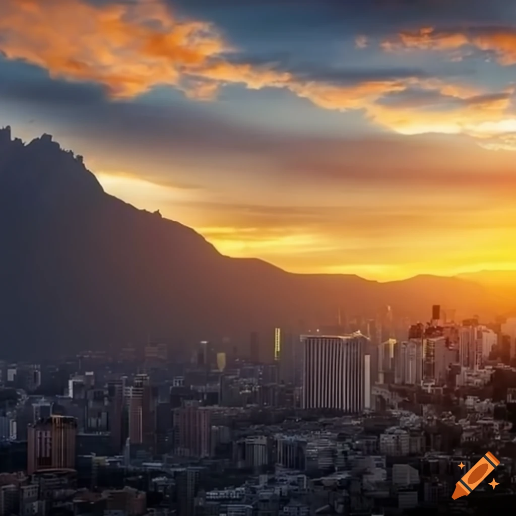 Sunset over city with mountain view on Craiyon