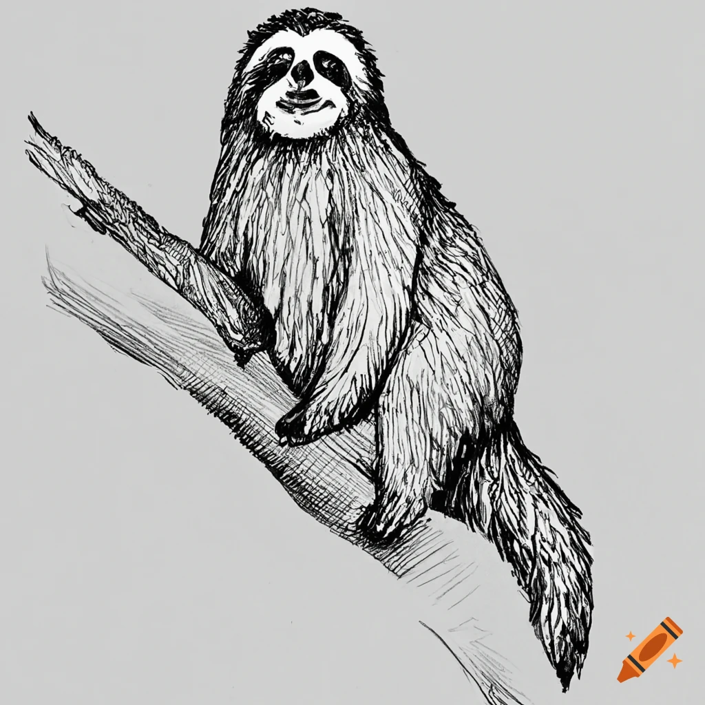 Black and white sketch of a sloth on Craiyon