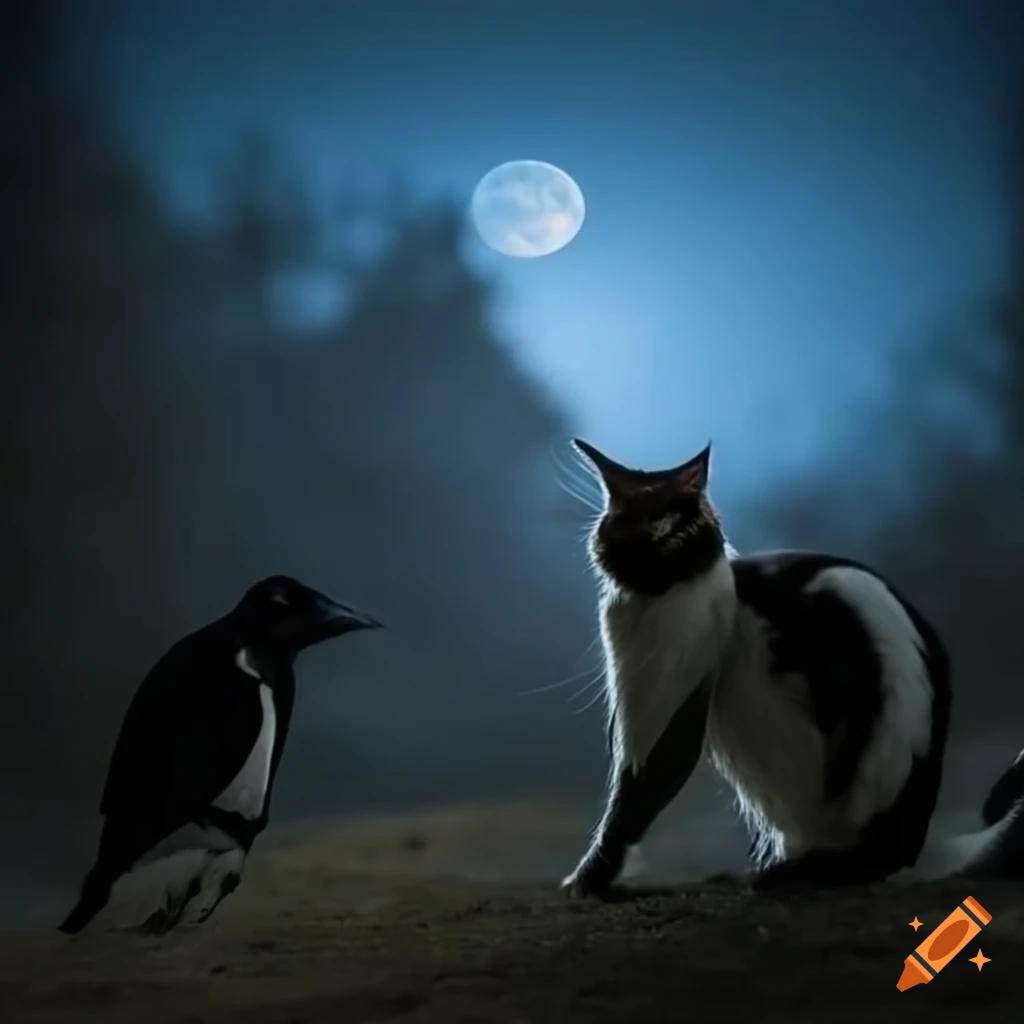 Photo of a cat, magpie, and a clock in a moonlit scene on Craiyon