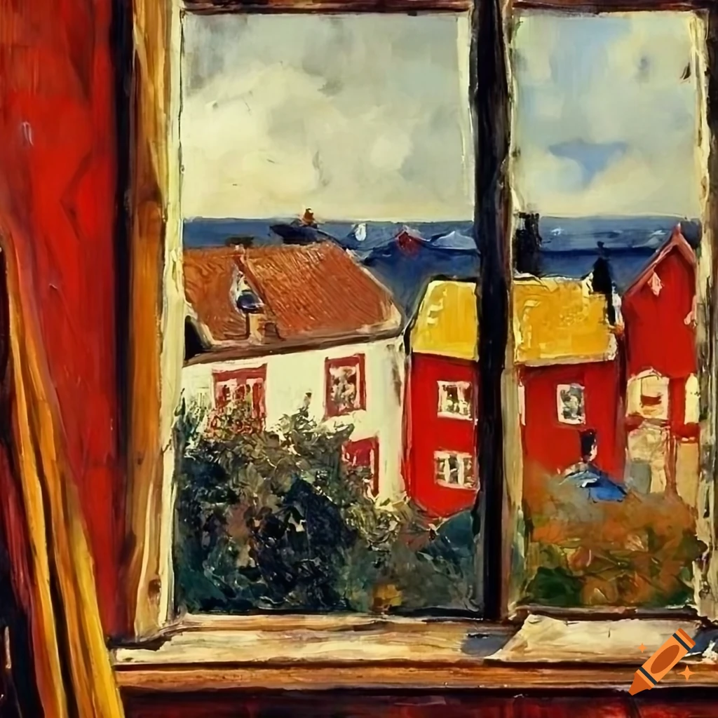 Oil painting of a small village seen through a window
